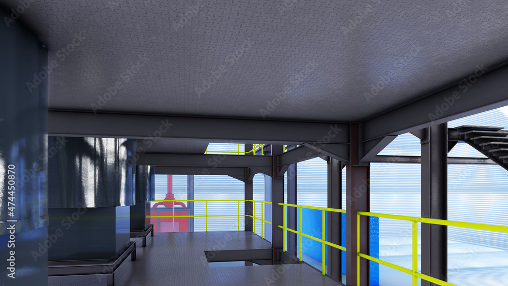 Industrial factory structure with mechanical machines for production ...