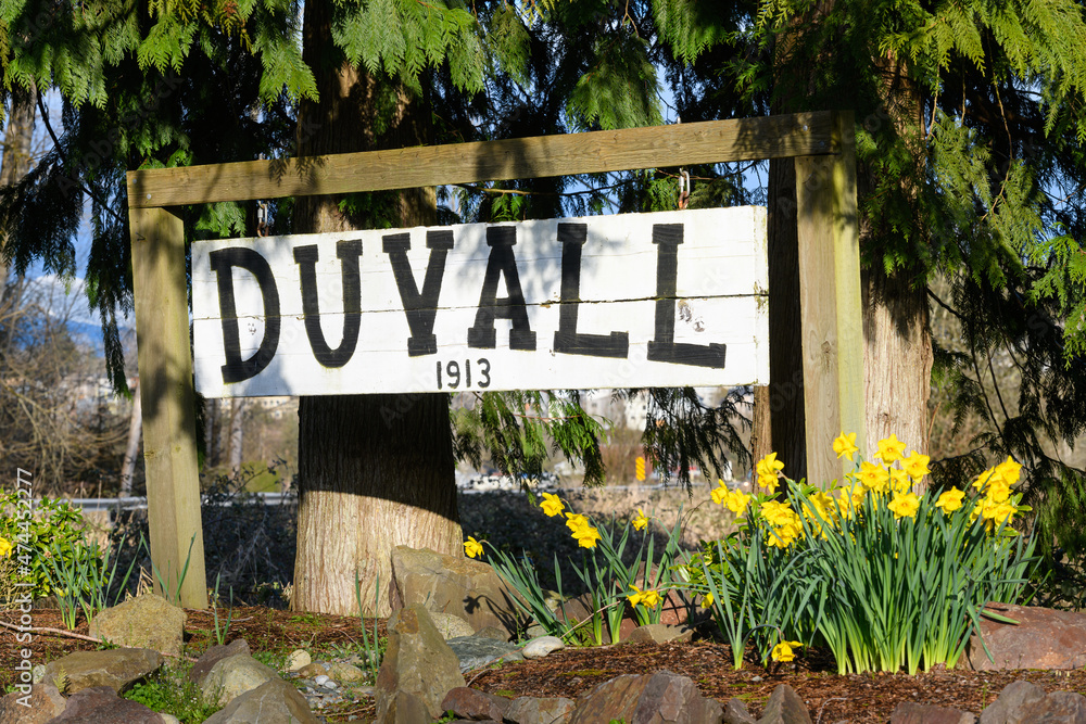 Duvall, WA, USA - March 29, 2021; Duvall city sign with Spring ...