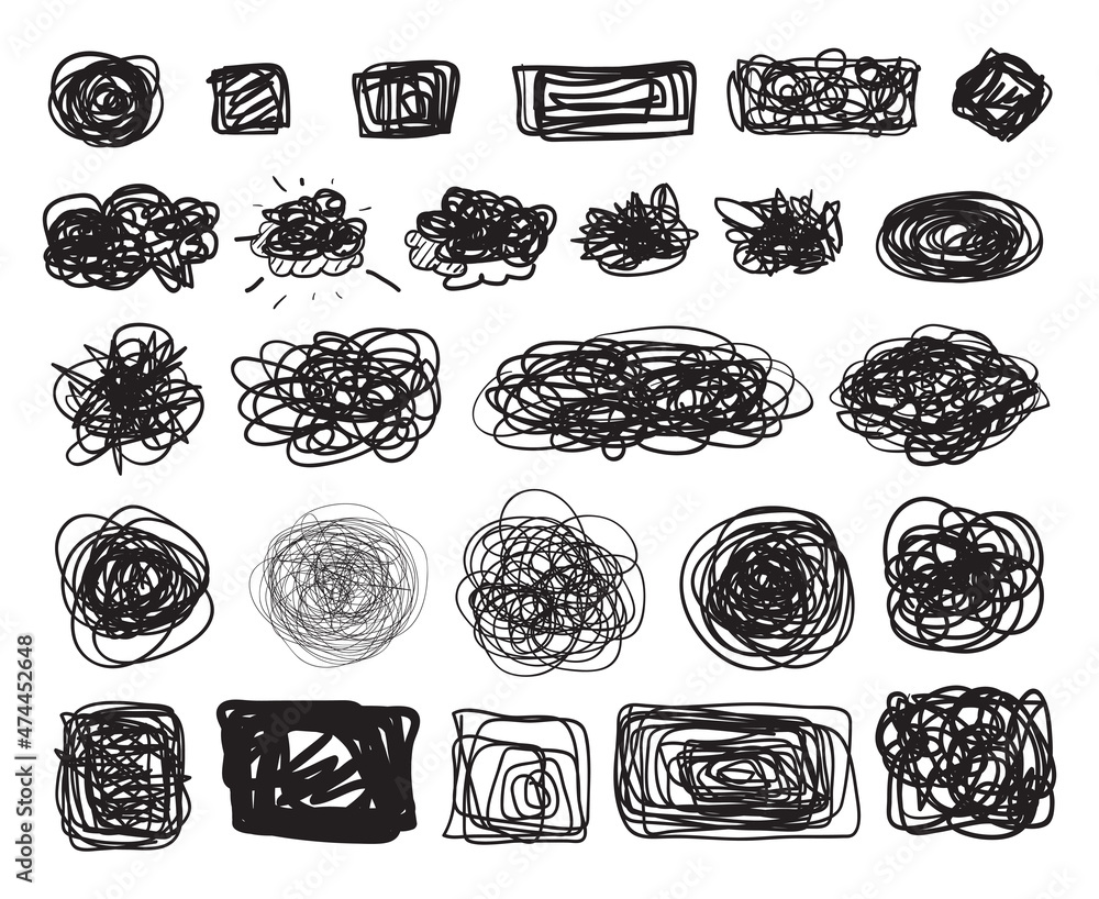 Set of chaos patterns on isolated white. Chaotic tangled stripes ...