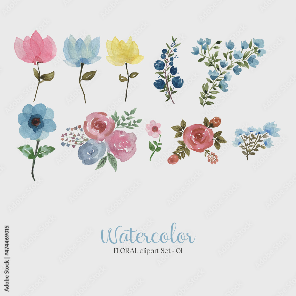 Hand-drawn Colorful Flower Watercolor elements clipart set - 01 Stock ...