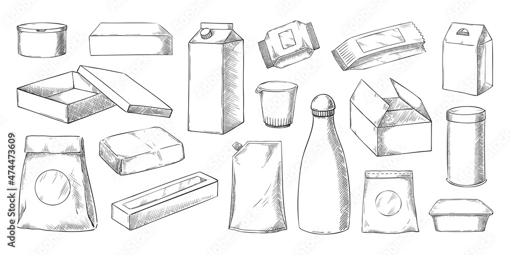 Food package sketch. Hand drawn cardboard box for meal or drink ...