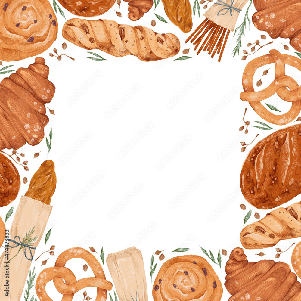 Watercolor flat cartoon style bakery square frame with illustration of ...