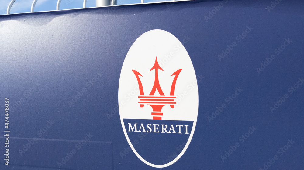 Maserati car trident logo text Italian brand sign manufacturer Stock ...
