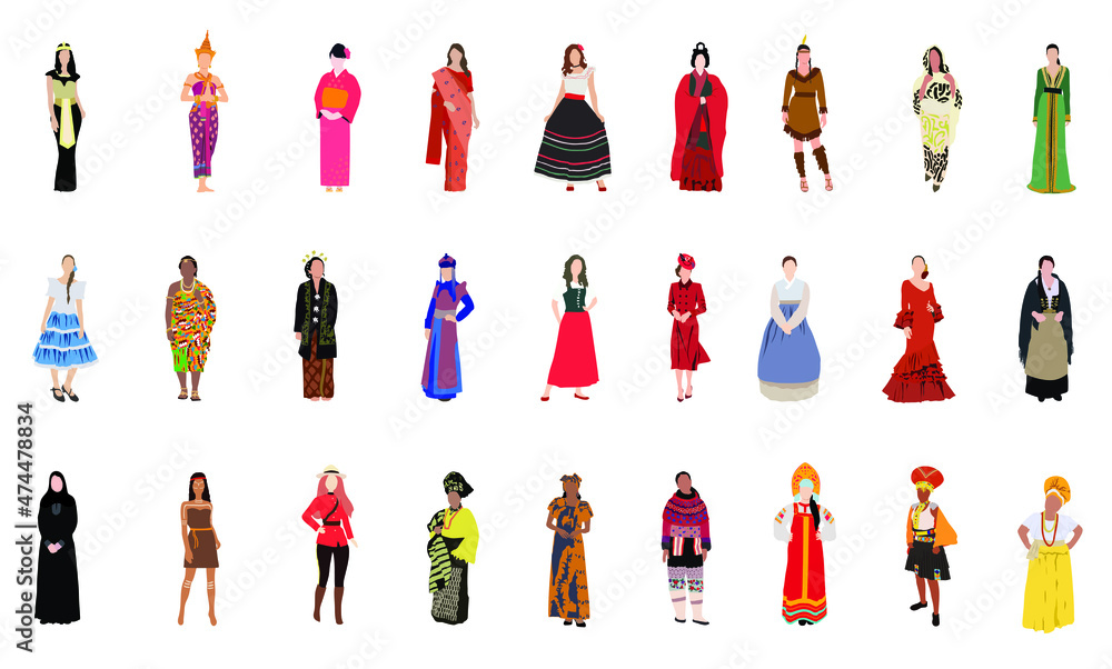 Girlss in national costumes, Set of women dressed in national clothes ...