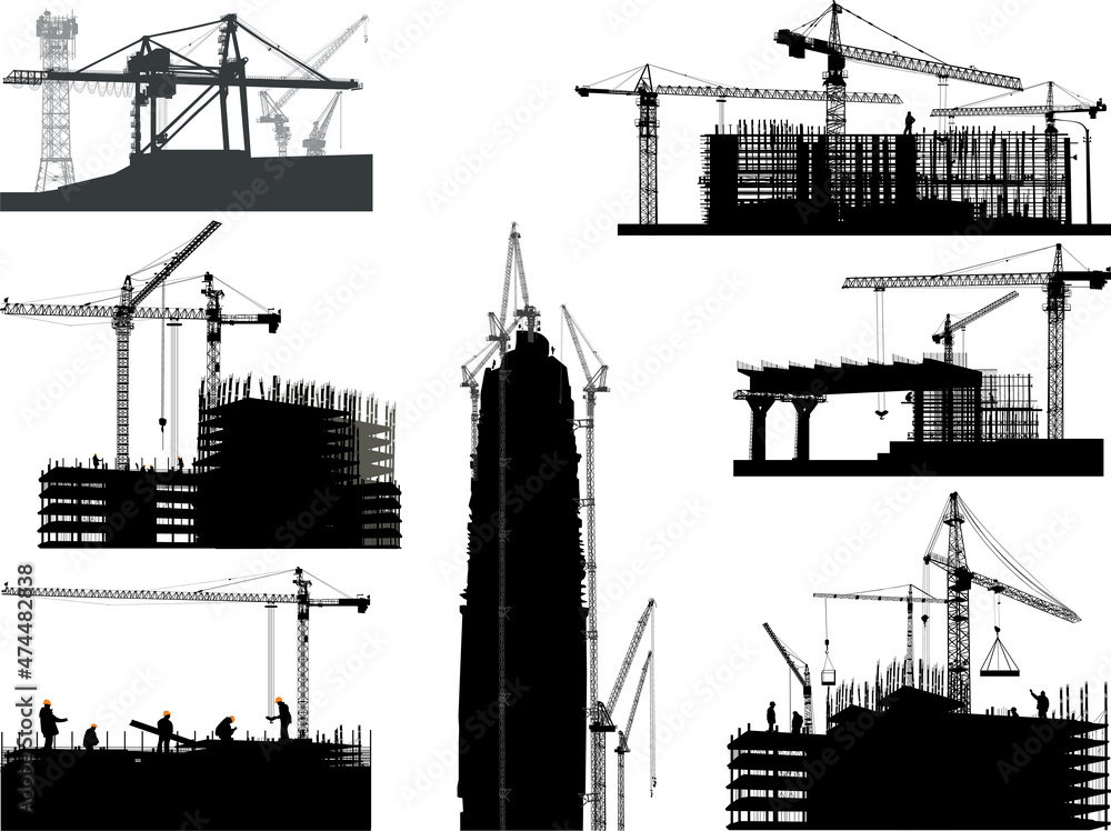 set of seven buildings and cranes isolated on white Stock Vector ...