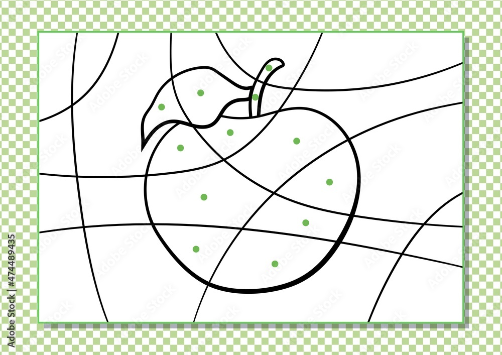 Cartoon coloring by dots for Kids. Printable worksheet. Cartoon apple ...