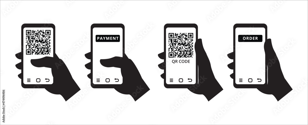 QR code mobile phone scan illustration. Hand holding phone scanning QR ...