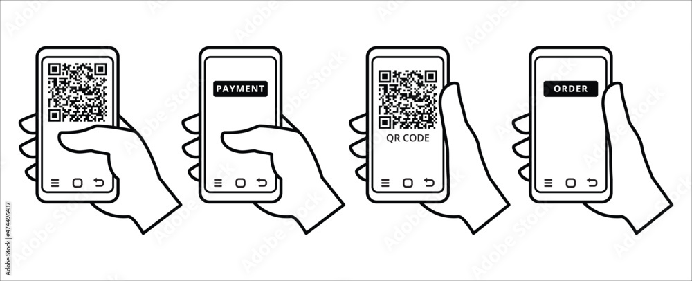 QR code mobile phone scan illustration. Hand holding phone scanning QR ...
