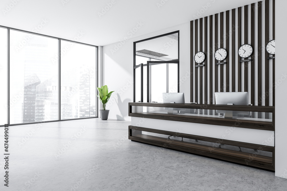 Corner view on bright office room interior with reception, window Stock ...