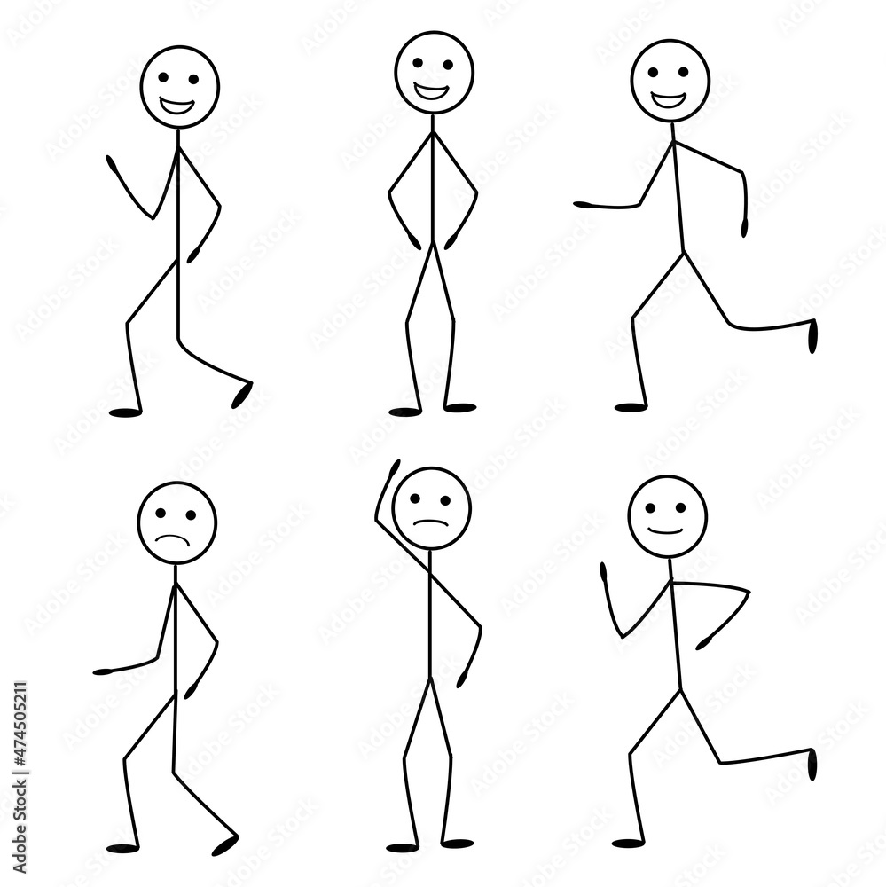 a person is drawn in different poses, sticks represent people, a ...