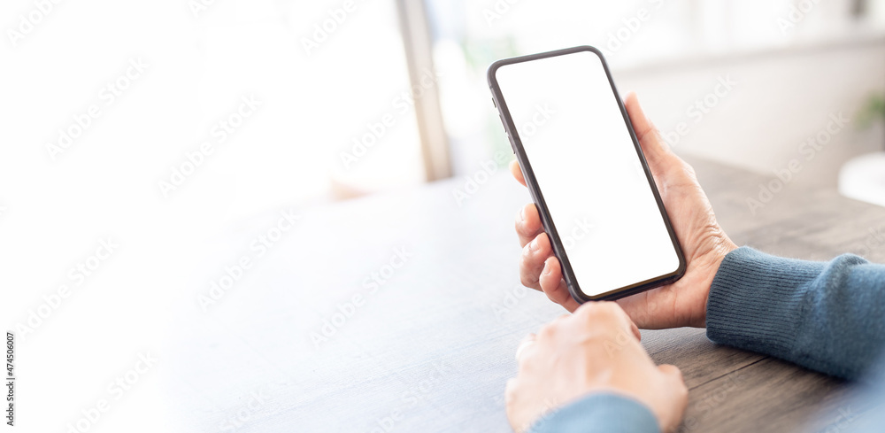 cell phone blank white screen mockup.hand holding texting using mobile ...