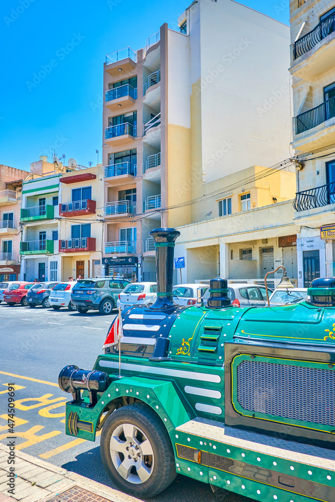 The tourist train in Maltese resort, on June 14 in Bugibba, Malta Stock ...