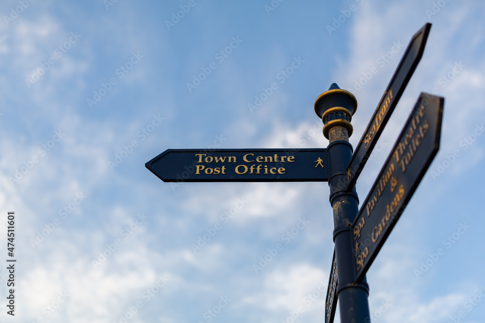Town centre sign in a popular British seaside tourist destination, it ...