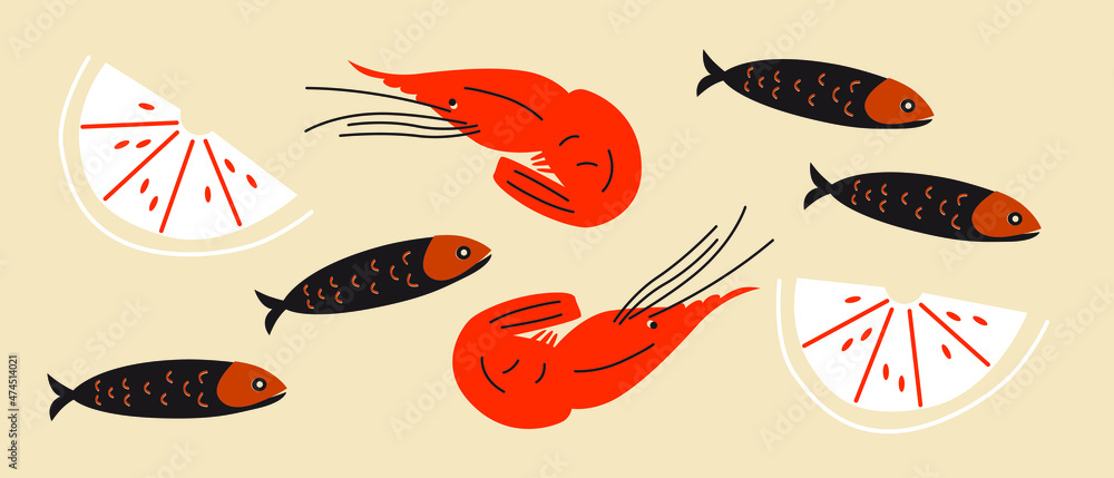 Seafood, shrimp vector illustration. Shrimp, lobster, fish cartoon ...