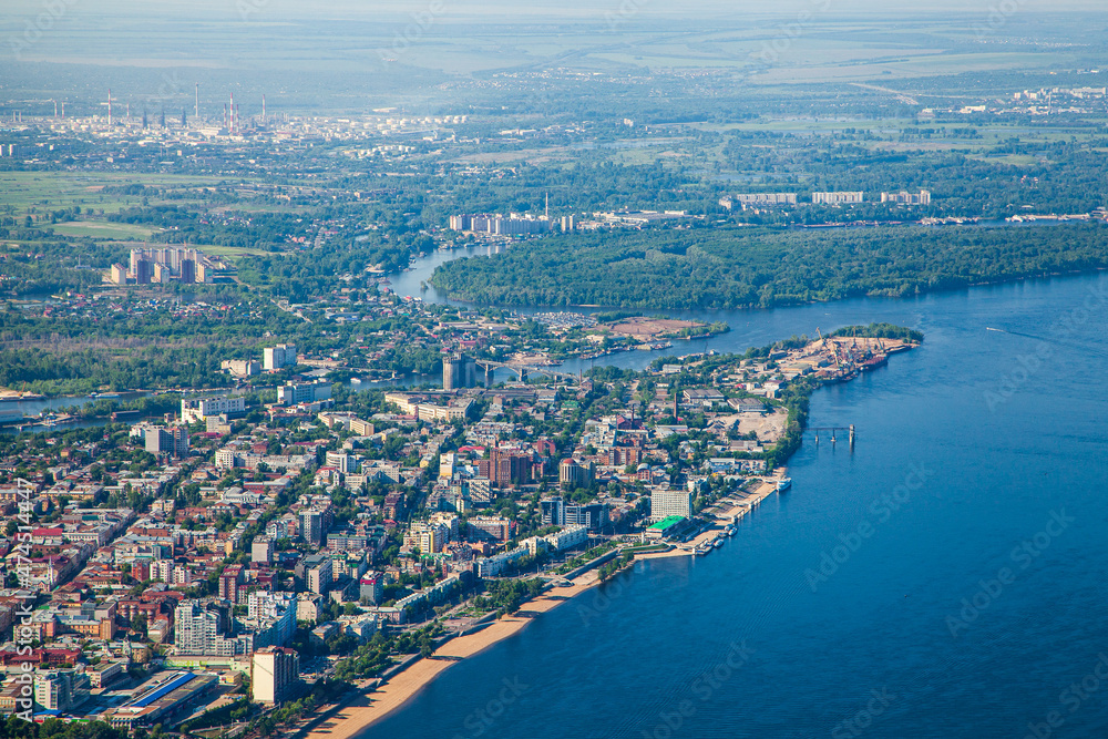 The arrow of the Volga and Samara rivers was taken from the air. The ...