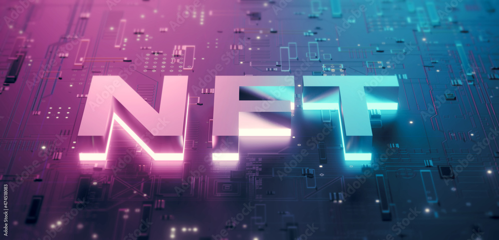 3D Rendering of NFT (Non-Fungible-Token) neon glow text on computer ...