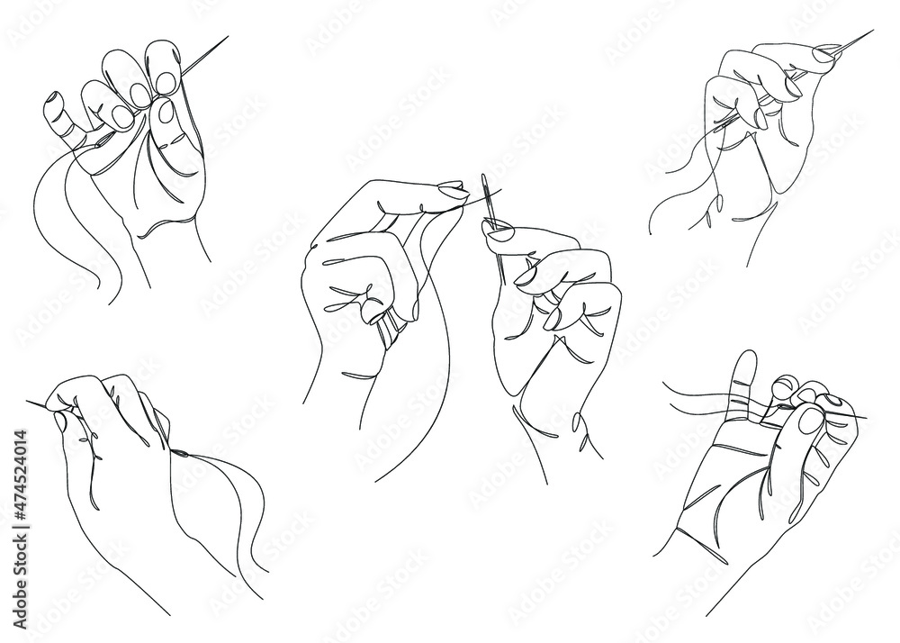 Collection. Silhouettes of hands of a man with a needle threading the ...