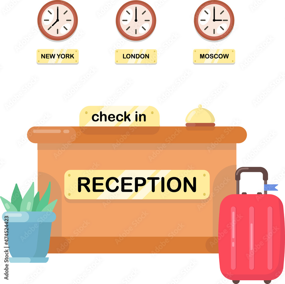 Check into a hotel, hotel reception, vector illustration in flat style ...