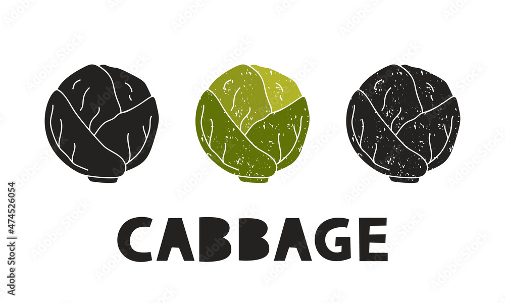 Cabbage, silhouette icons set with lettering. Imitation of stamp, print ...