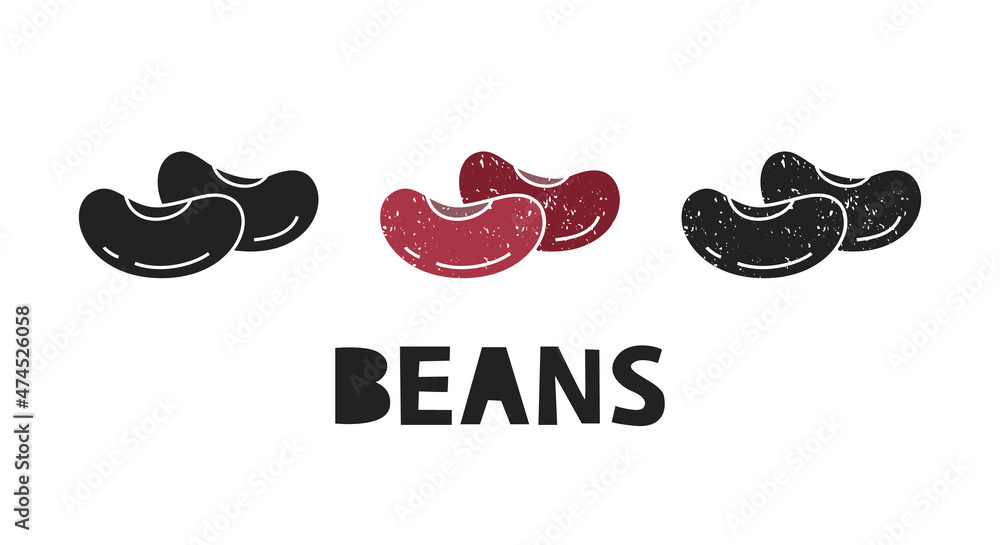 Red beans, silhouette icons set with lettering. Imitation of stamp ...