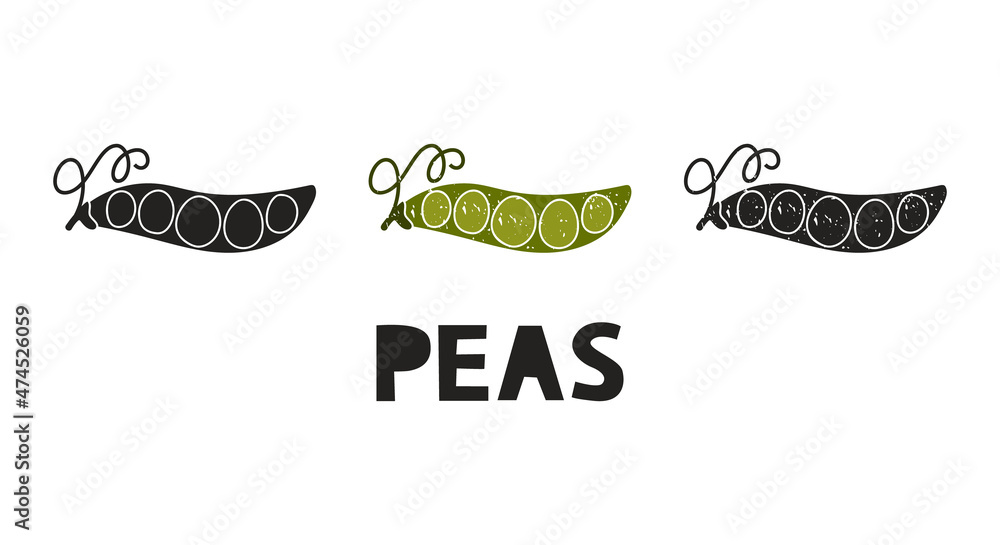 Pea pod, silhouette icons set with lettering. Imitation of stamp, print ...