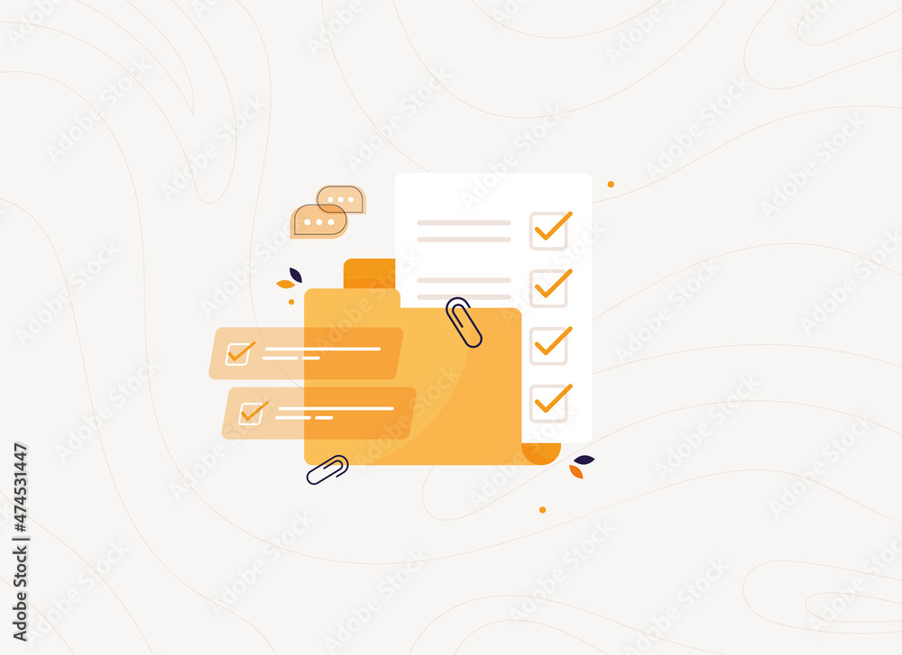 Open folder with completed task list. Business document for work or ...