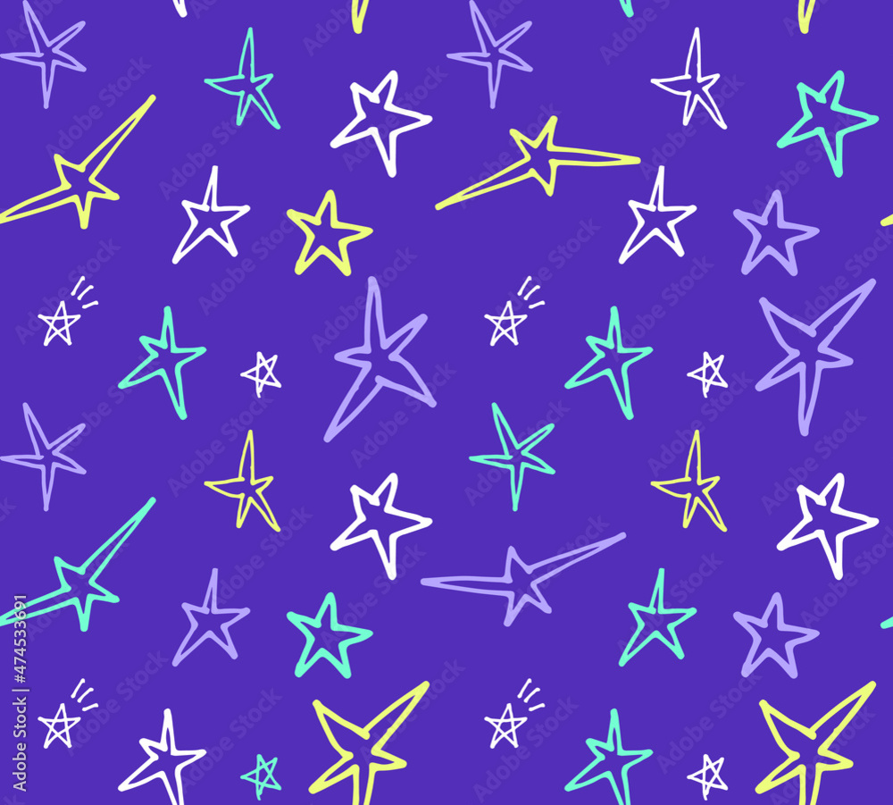 Seamless pattern hand-drawn colorful stars on a violet background. Line ...