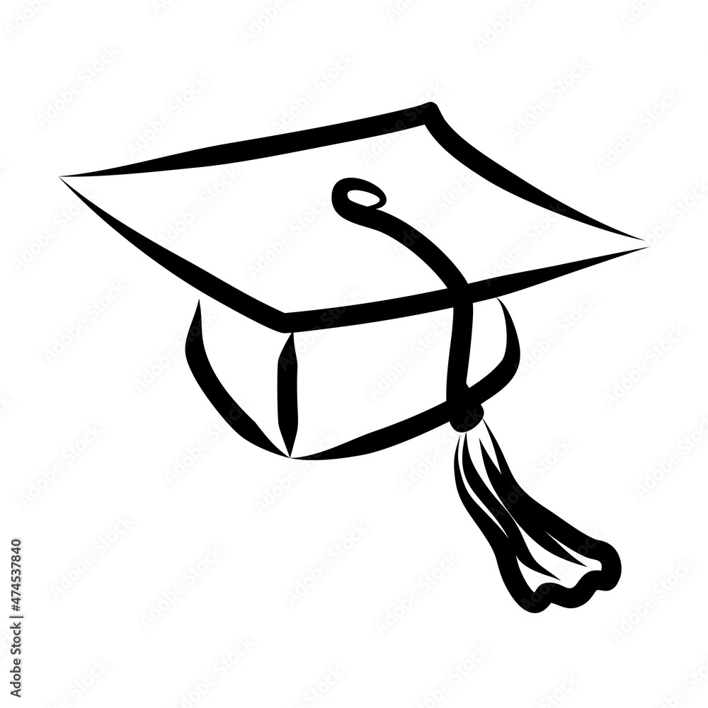 Simple black and white outline square academic cap icon. Hand-drawn ...
