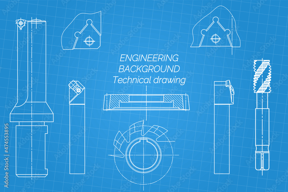Mechanical engineering drawings on blue background. Tap tools, borer ...