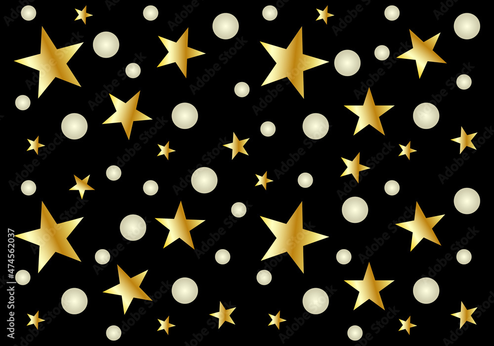 Fondo negro con con estrellas doradas y bolas blancas o color nácar ...