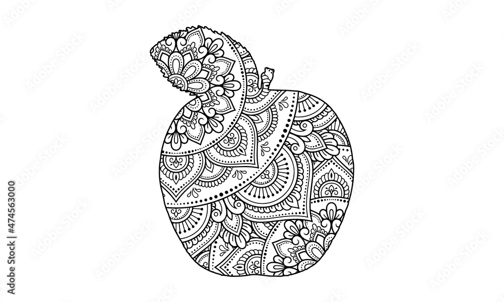 Apple with mandala. Coloring page for adult and older children. Hand ...