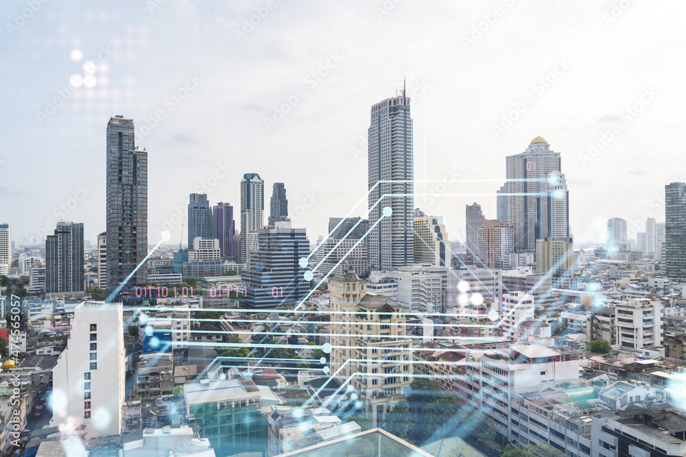 Technology hologram over panorama city view of Bangkok. The largest ...