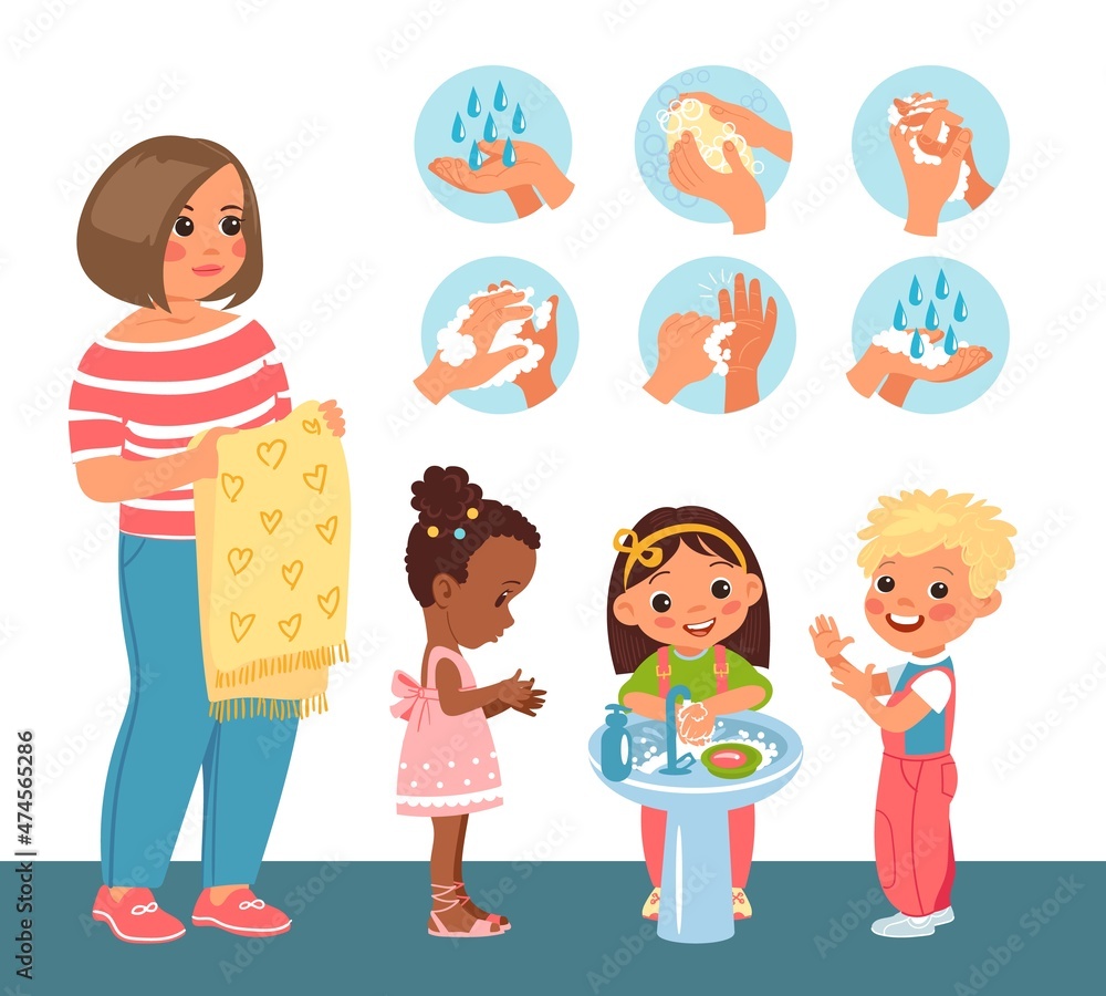 Kids wash hands. Educator monitors children hygiene. Boys and girls ...