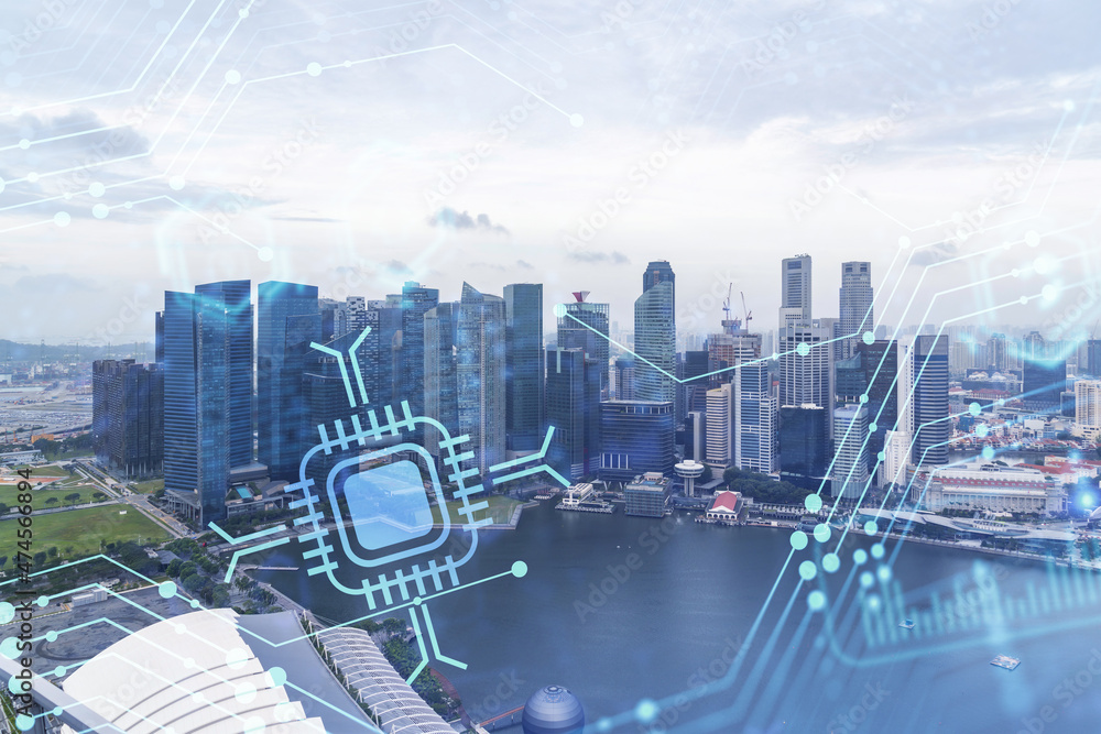 Technology hologram over panorama city view of Singapore. The largest ...