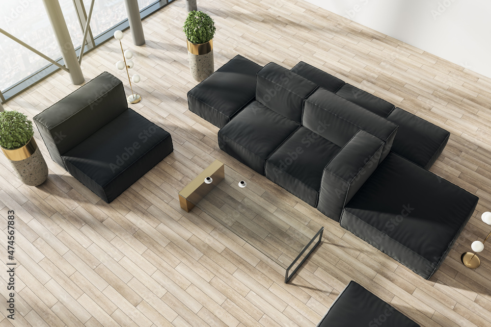 Top view of modern living room or business hall interior with sunlight ...