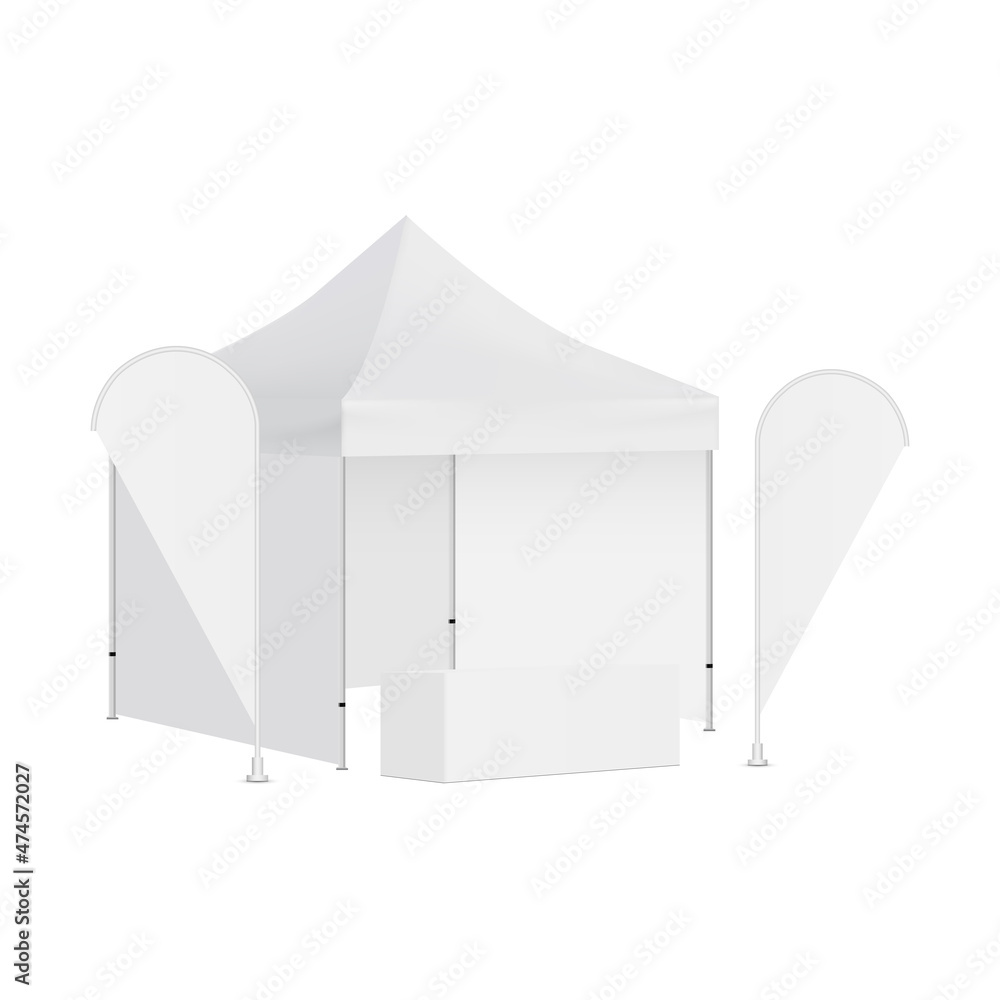 Square Tent With Rounded Flags and Demonstration Table. Blank Mockup ...