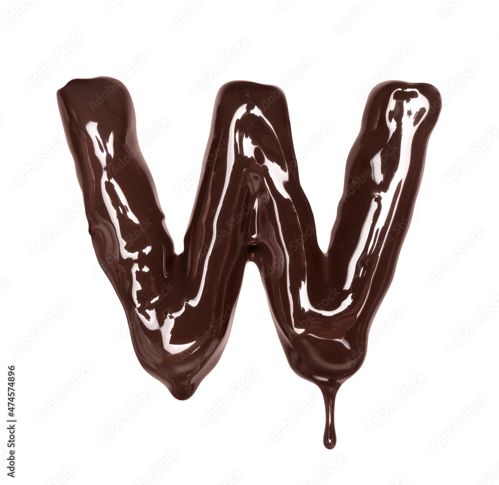 Latin letter W with drop is made of melted chocolate, isolated on white ...