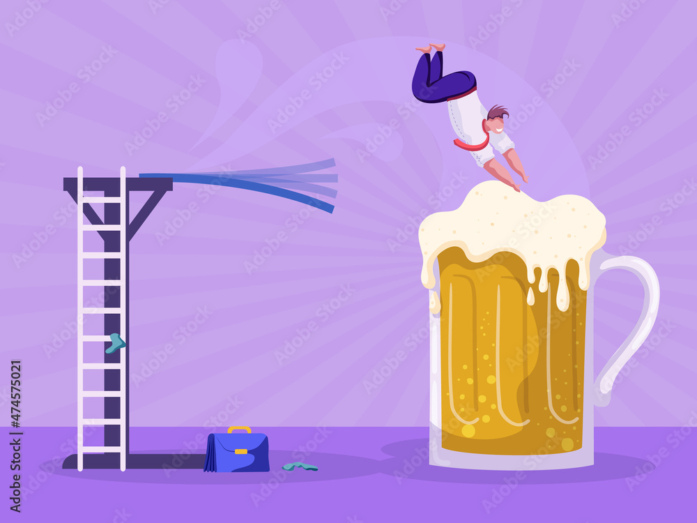 Vecteur Stock Happy cartoon office worker diving into huge glass of ...