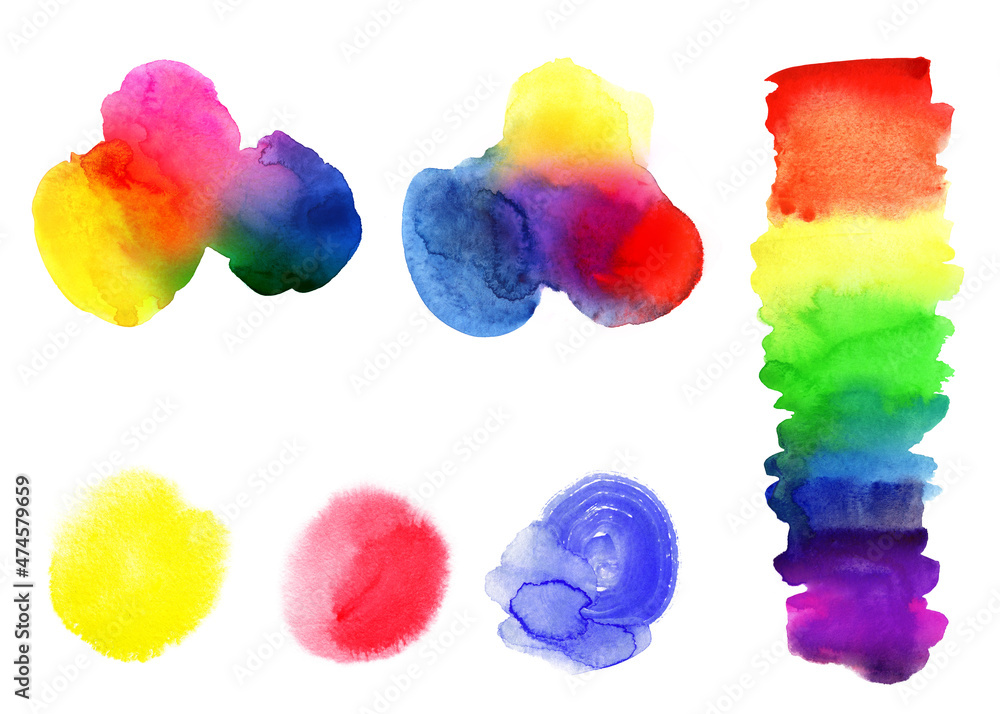 Set of watercolor stains of basic paints red yellow and blue mixing ...