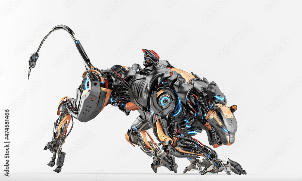 Robot panther in side creeping pose with strong, dangerous tail, 3d ...
