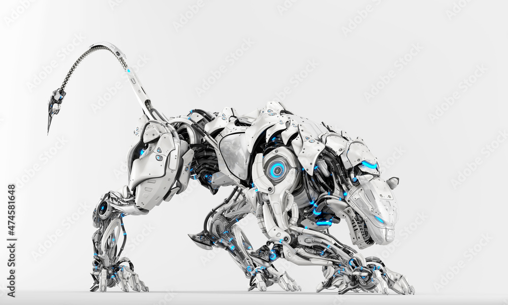 Silver robot panther in side creeping pose with strong, dangerous tail ...