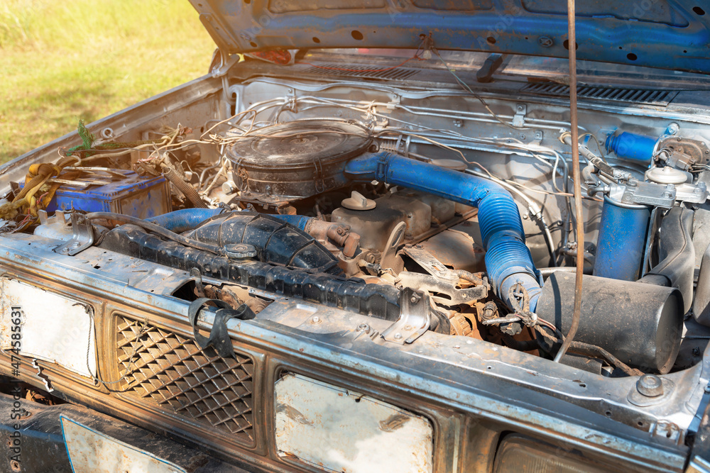 Old used diesel engine with rusty and dirty auto parts, water ...