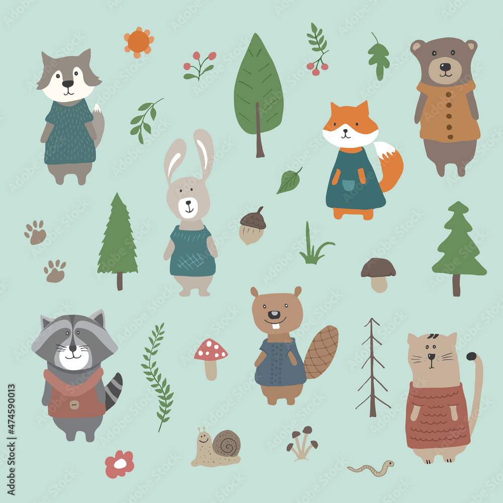 Cute Animals in clothes. Cartoon forest wildlife animals collection ...