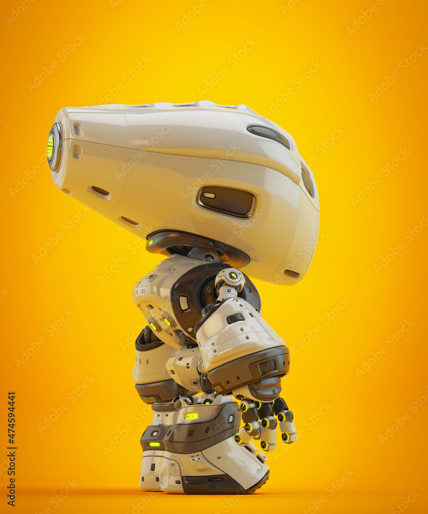 Unique white mod bot on bright back, 3d rendering in side-back angle ...