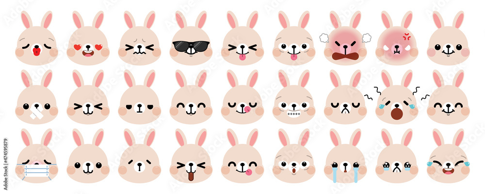 Set of cute cartoon rabbit emoji isolated on white background. Vector ...