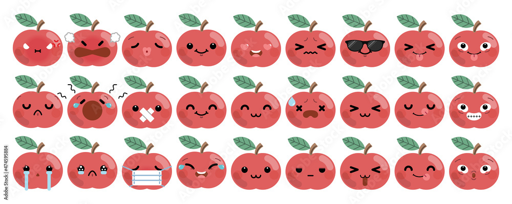 Set of cute cartoon apple emoji isolated on white background. Vector ...