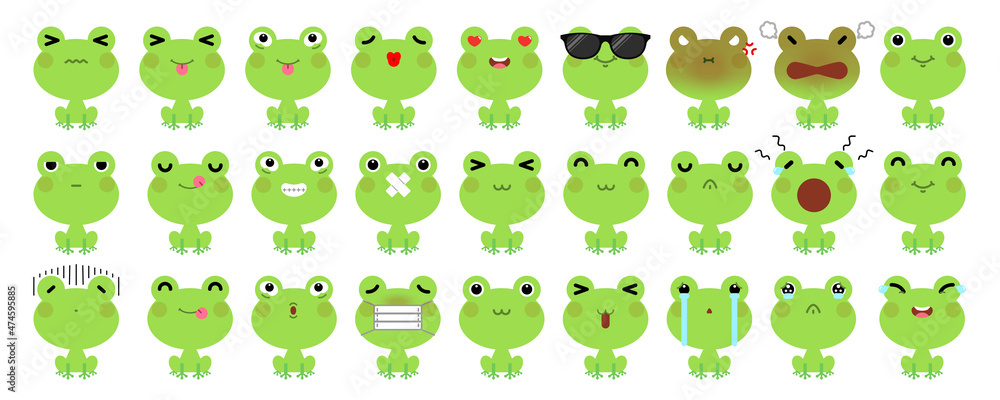 Set of cute cartoon green frog emoji isolated on white background ...