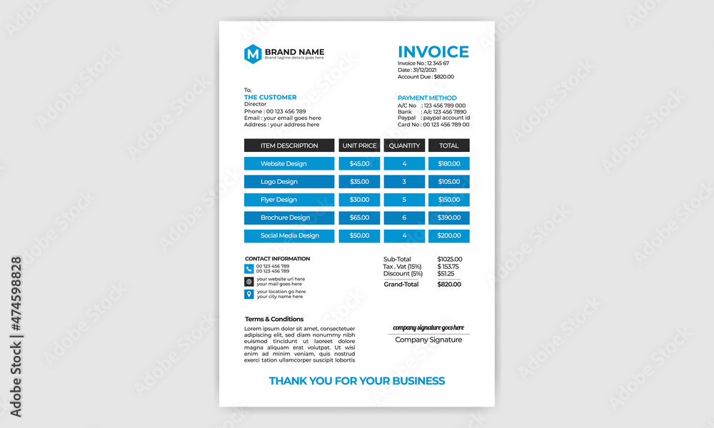 Blue Color Corporate or Business Price reciept template, payment ...