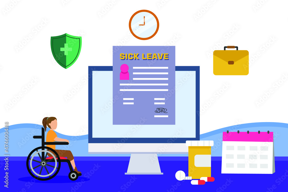 Sick leave vector concept. Sick young woman sitting on the wheelchair ...