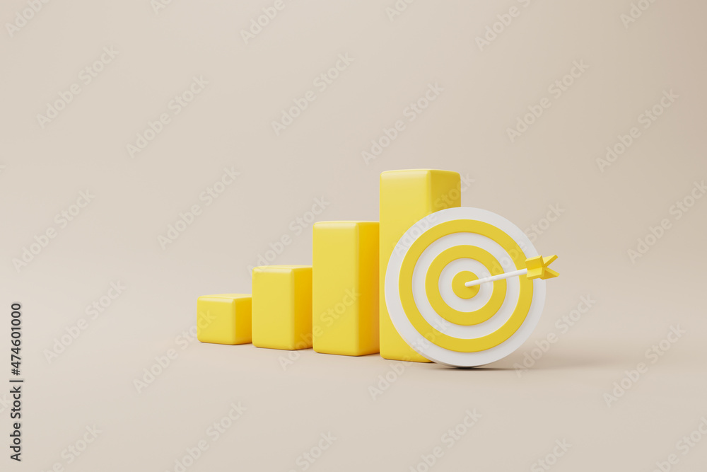 Growthing yellow graph bar with dartboard and arrow on background ...
